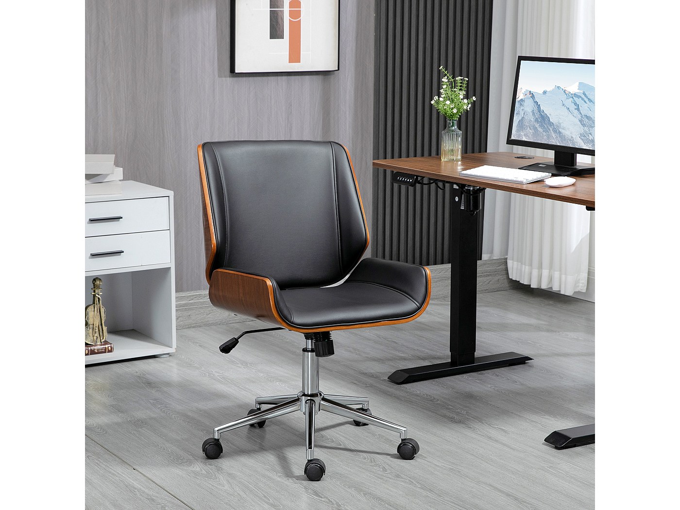 Silla de oficina giratoria de piel sintética negra con ruedas, altura ...