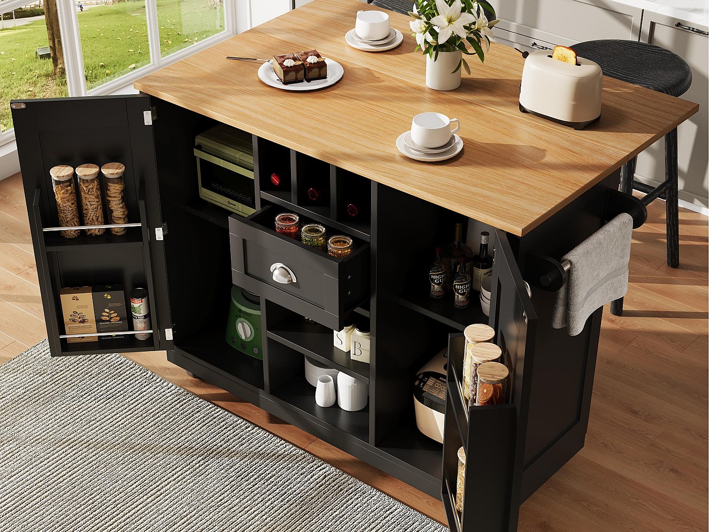 Isla de cocina móvil 140×70×93,5 cm - 1 cajón y 2 puertas - encimera ...