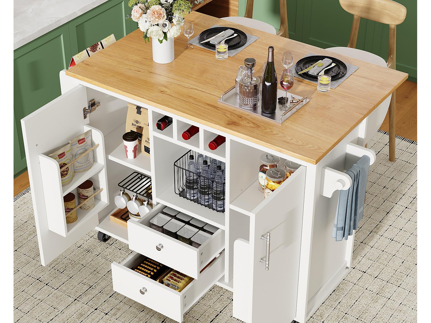 Isla de cocina móvil 137,9×73×92,5 cm - 2 cajones y 2 puertas ...