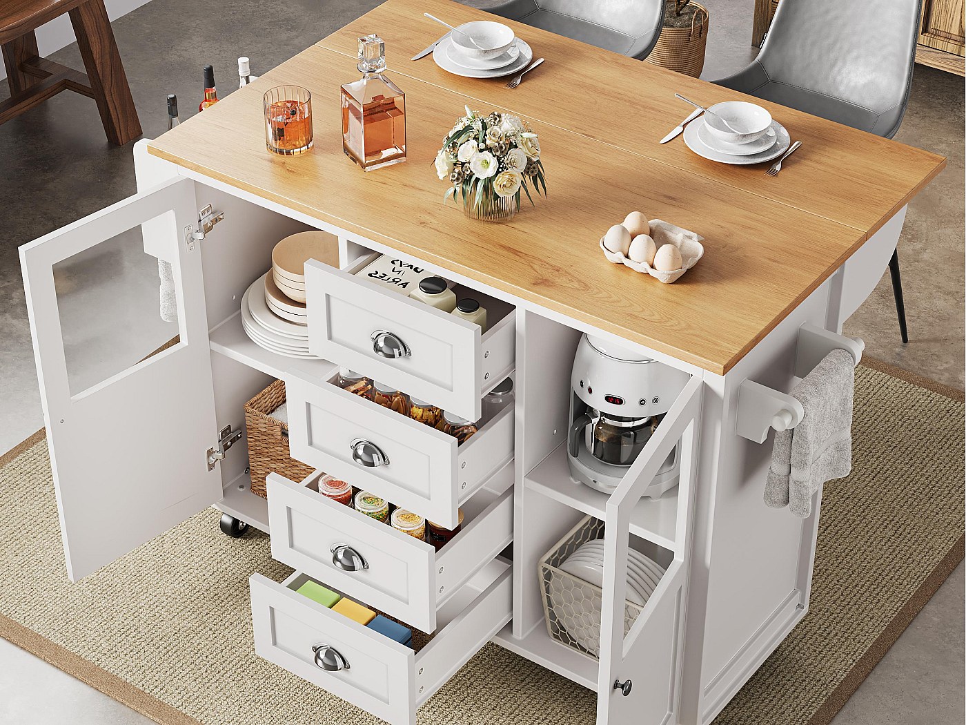 Isla de cocina móvil 137,9×73×92,5 cm - 4 cajones y 2 puertas ...