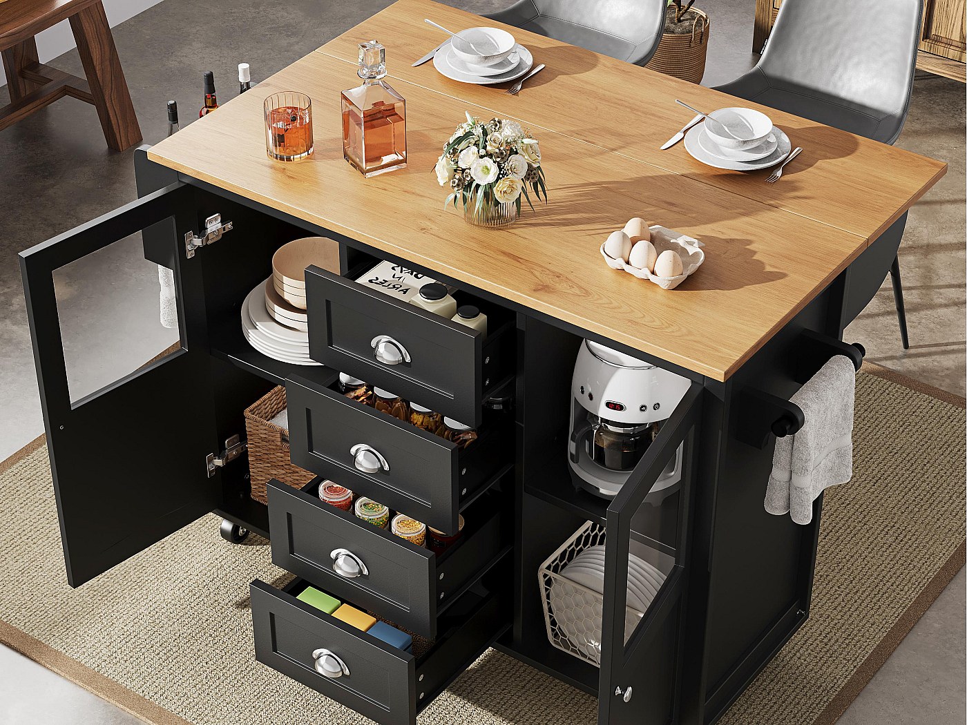 Isla de cocina móvil 137,9×73×92,5 cm - 4 cajones y 2 puertas ...