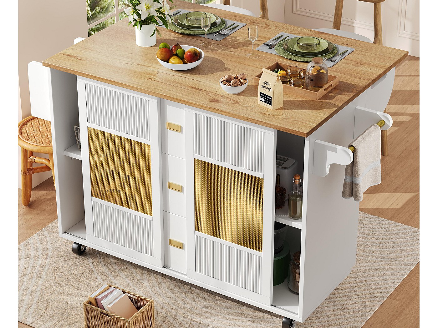 Isla de cocina móvil 146,85×70×90 cm - 3 cajones y 2 puertas - encimera ...