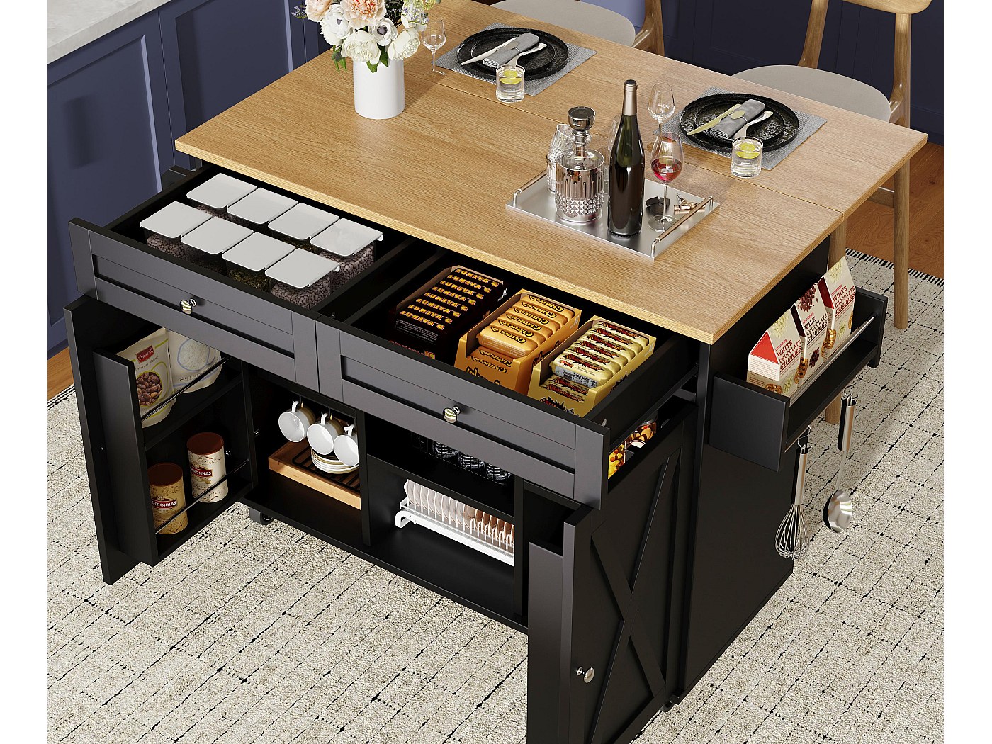 Isla de cocina moderna 134×45,2×89 cm - 2 cajones y 2 puertas ...