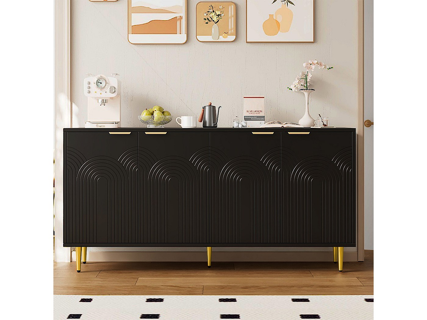 Modern dressoir, 4 deuren, met geborstelde gouden handgrepen, MDF ...