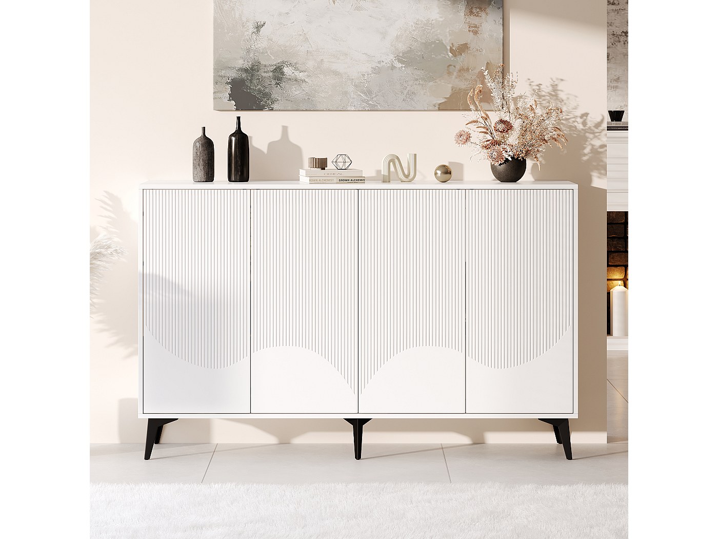 Buffet LED avec 4 portes, 2 tiroirs, MDF, Blanc (160x35x100 cm)