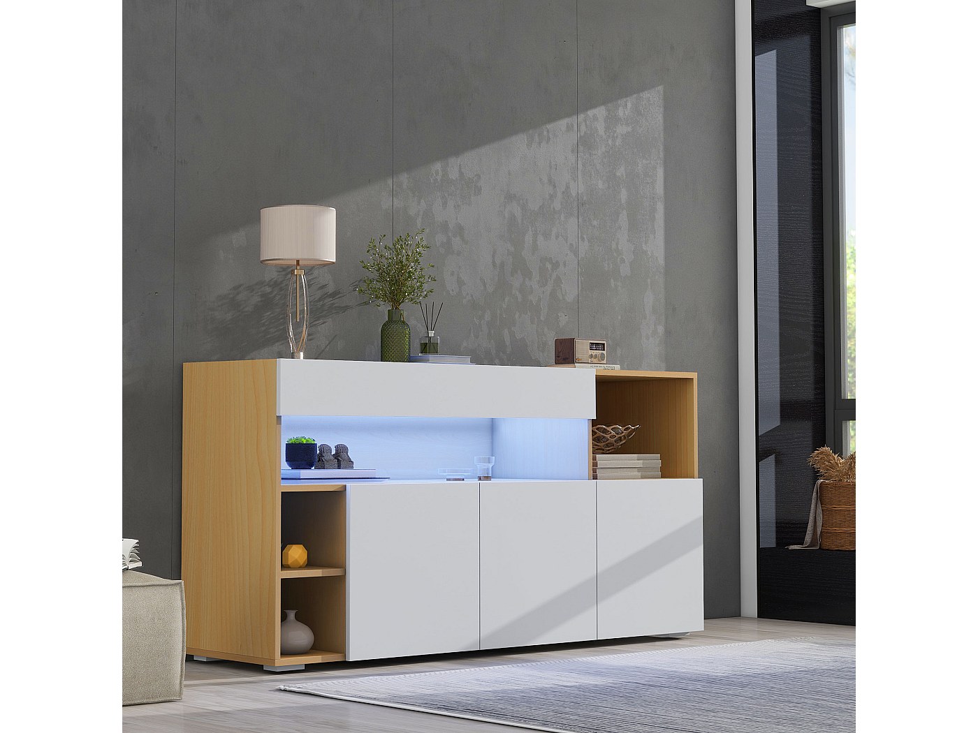 Buffet LED, multifonction, bois et métal, blanc et chêne (140x40x70 cm)