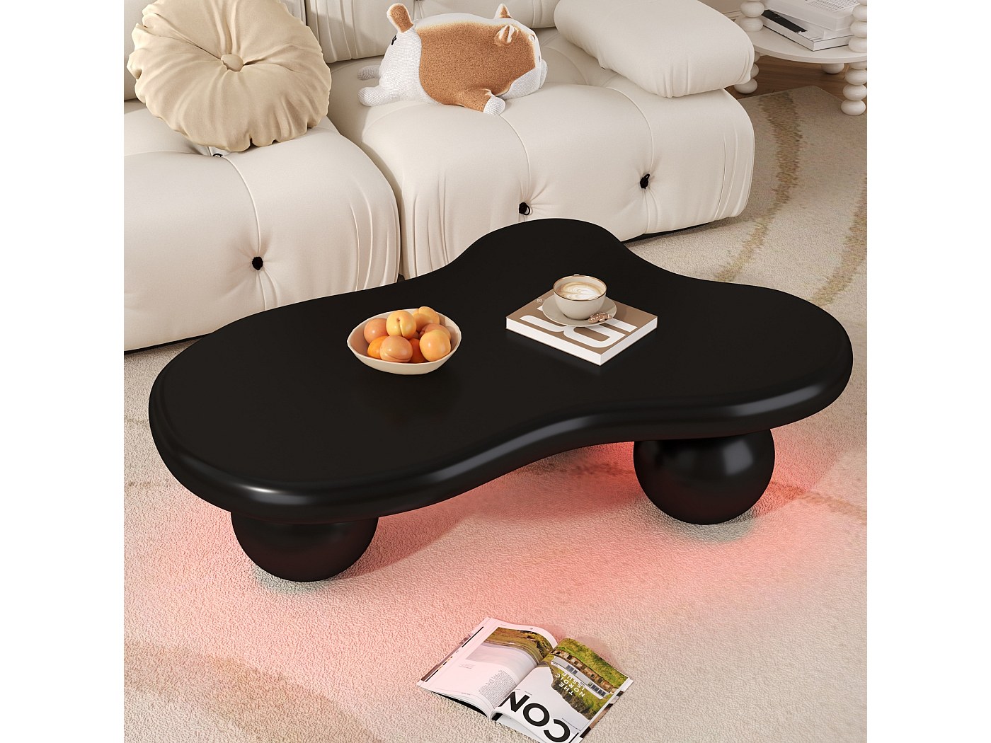 Table basse noire - Table basse avec lumières LED et pieds ronds noirs ...