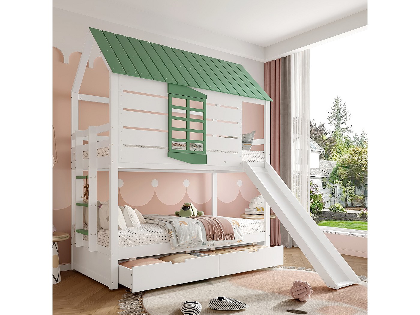 Litera infantil - 2 x 90 x 200 cm - con tobogán + 2 cajones - MDF ...