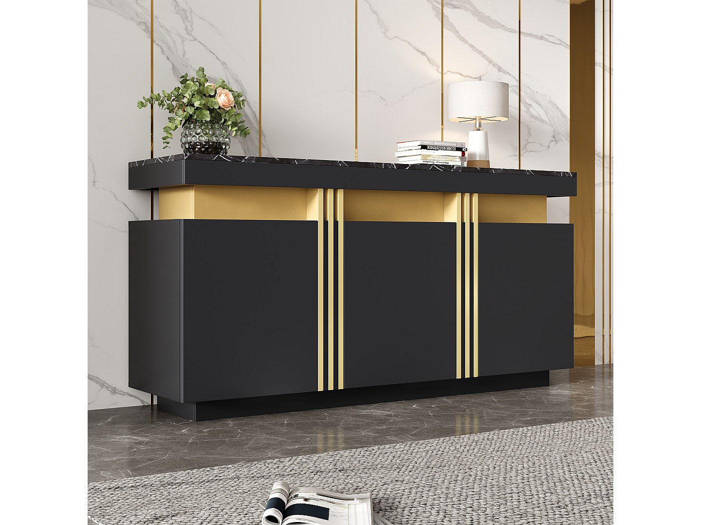 Modern dressoir 140x38x70cm met 3 deuren en marmer, zwart en goud ...