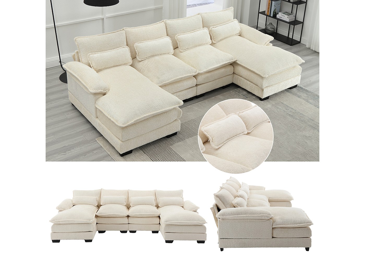 Sofá modular de 4 plazas, en forma de U, cojines lumbares, madera y ...