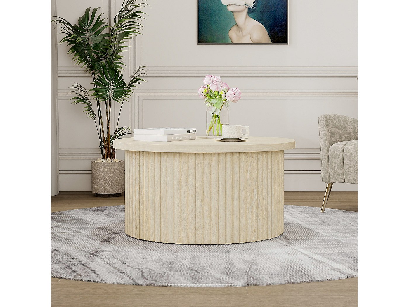 Table basse ronde avec motif vague, design à compartiment, MDF, bois ...