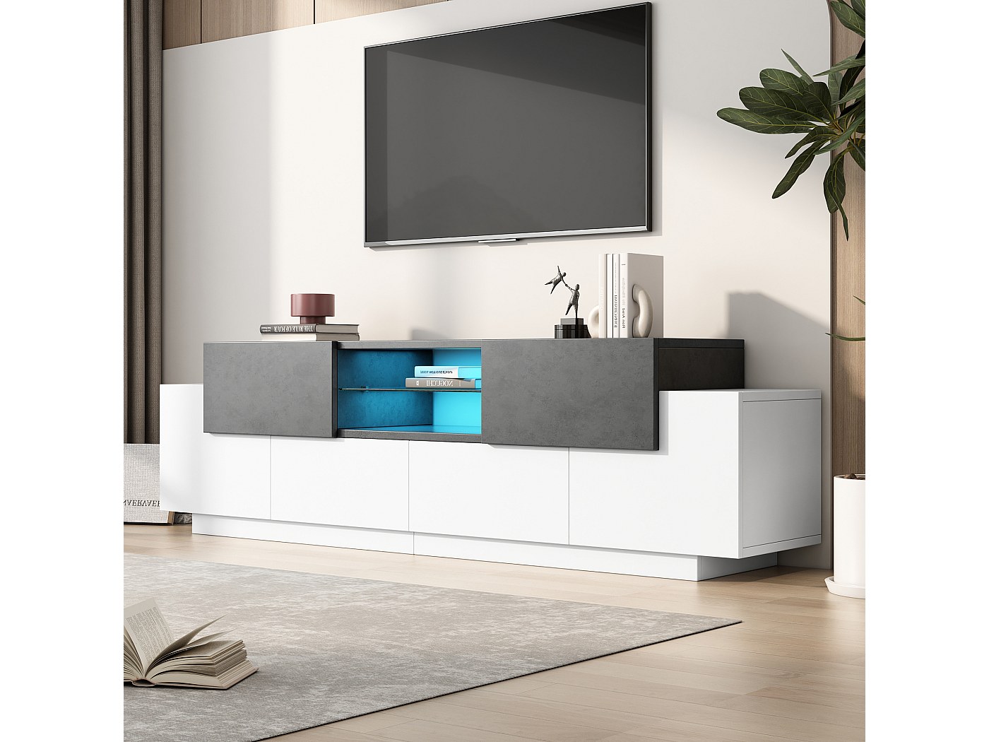 Mueble de TV blanco - Mueble de TV con 4 puertas y 2 cajones - con ...