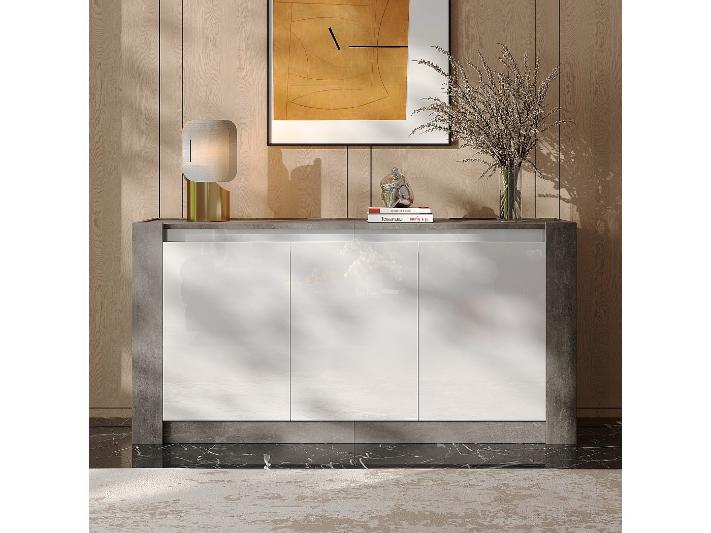 Buffet blanc brillant avec LED, 3 portes sans poignées et étagères ...