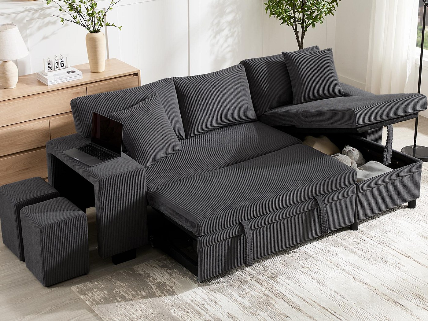 Canapé 3 places en L - avec ports de charge USB - avec coussins ...