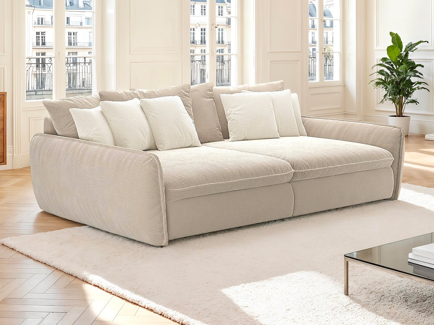 Canapé 4 places confort assise profonde en tissu chenille taupe GIANOLA ...