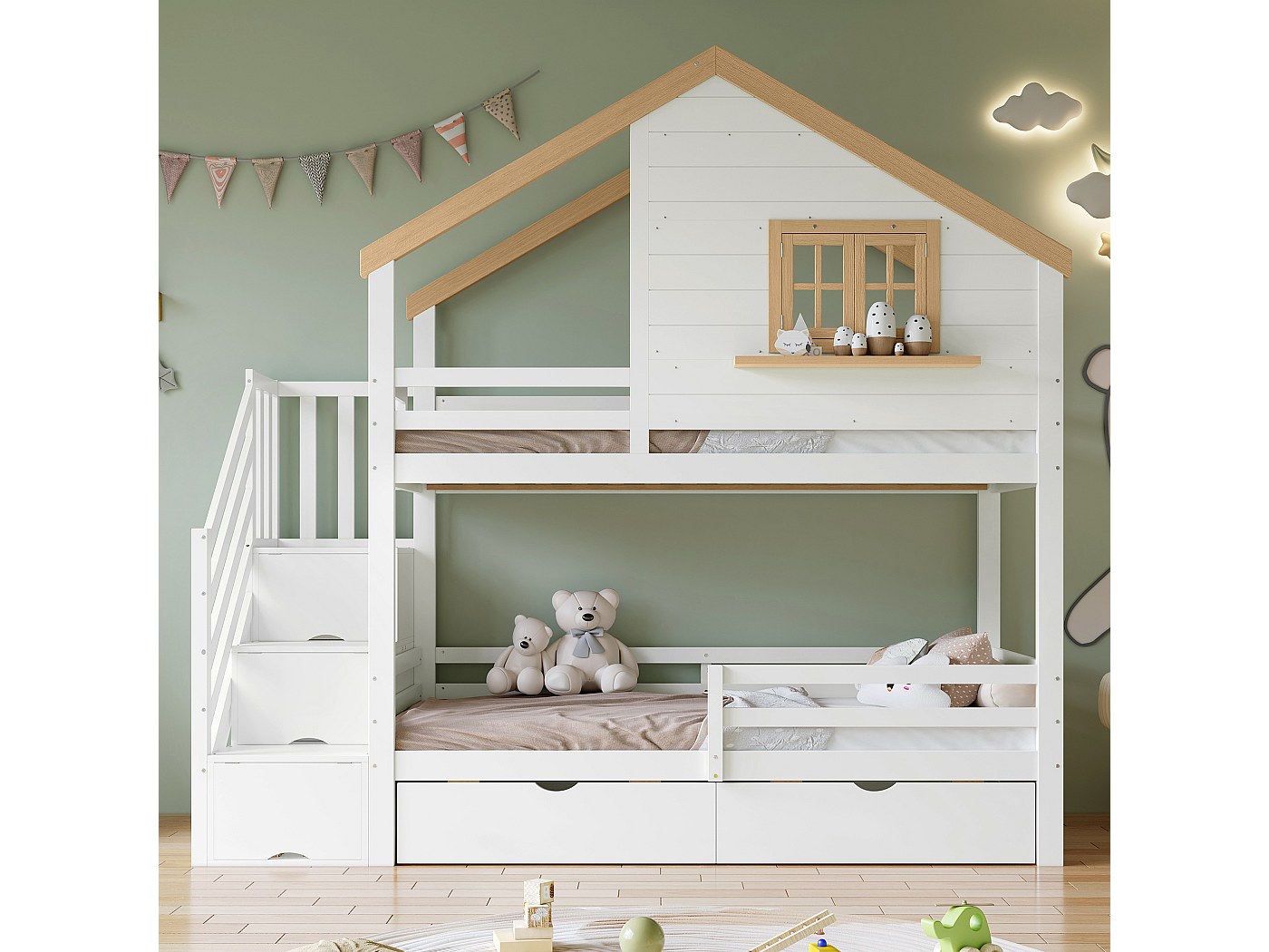 Stapelbed met raam, opbergplanken en lades, massief houten frame + MDF ...