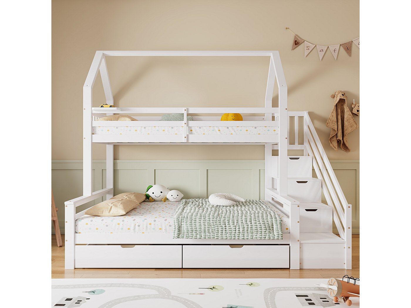 Litera con escalera, cama casa, 3 plazas, con cajones y estantes ...