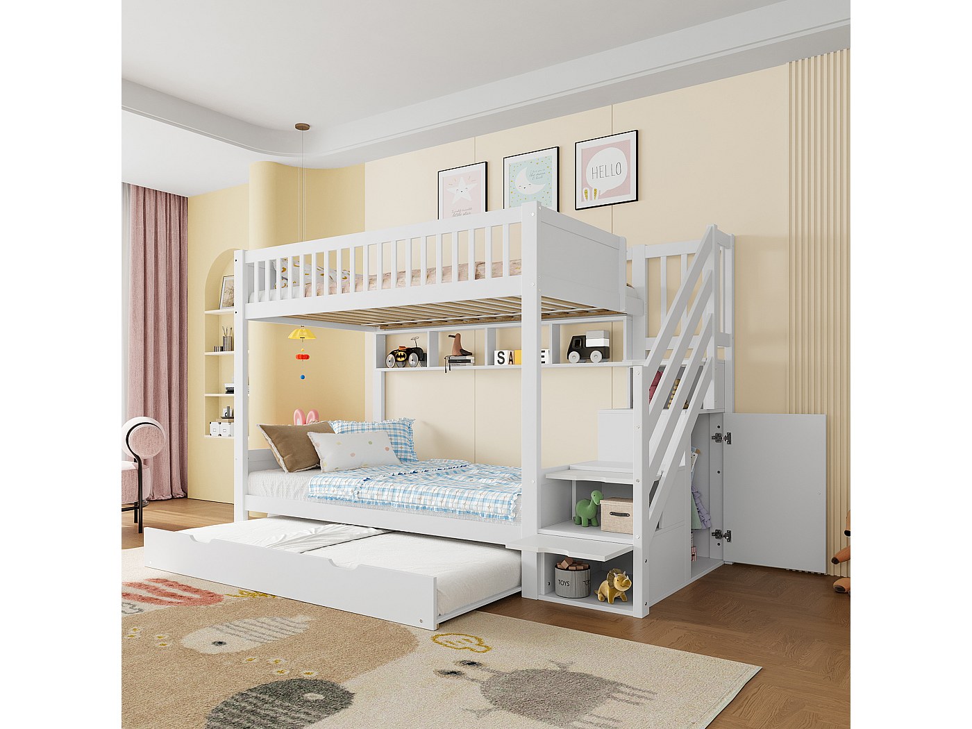 Lit Superposé 90x200cm, avec Lit Extensible, Armoire, Étagère, et ...