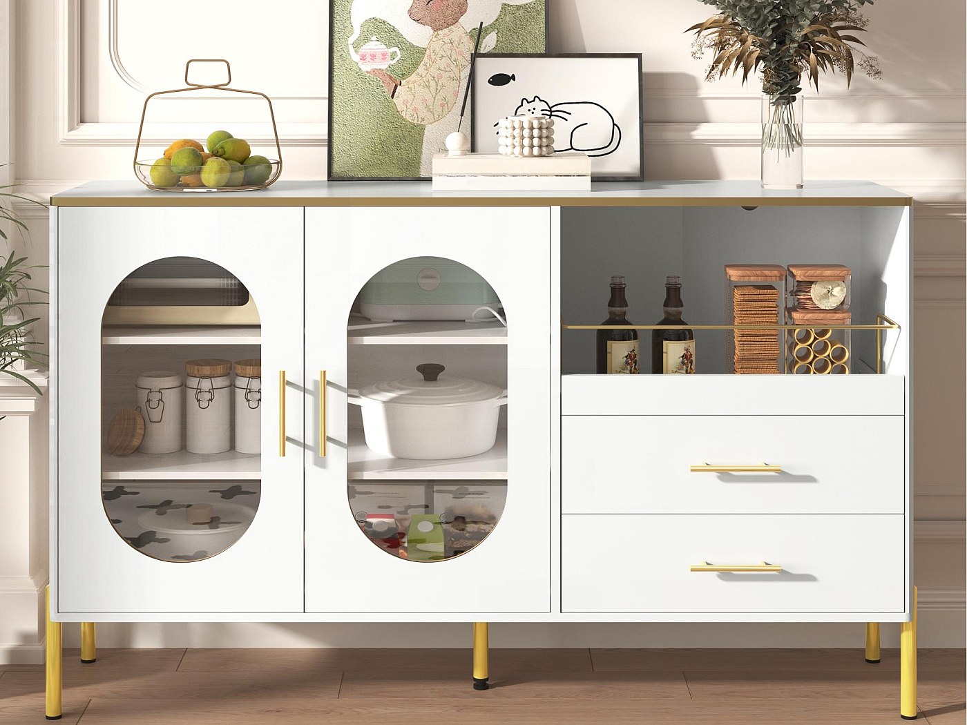 Buffet moderne 140x38x90cm - avec 2 tiroirs - avec 2 portes vitrées - Blanc