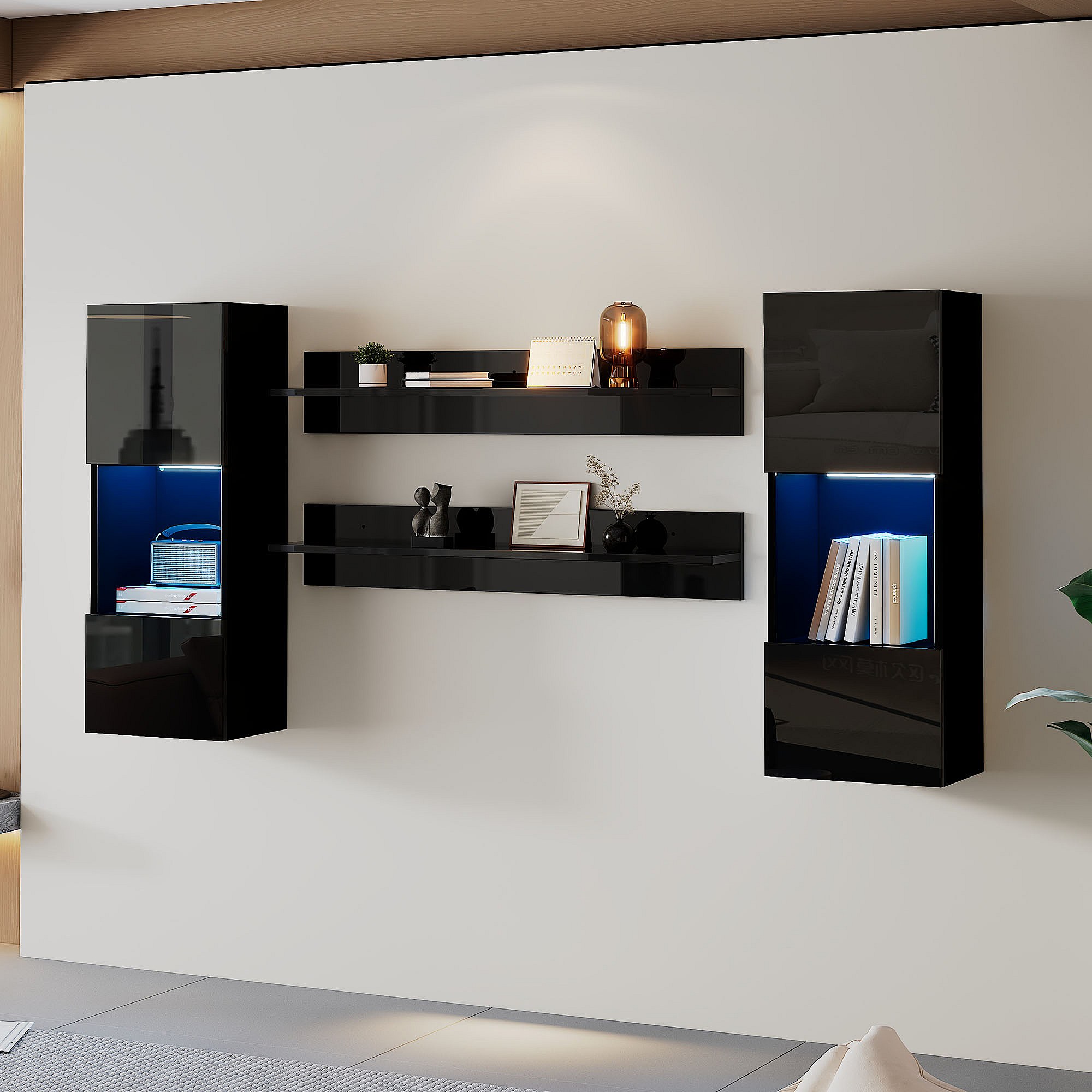 Conjunto de 4 prateleiras de parede - 180 x 29 x 108 cm - 2 armários de ...