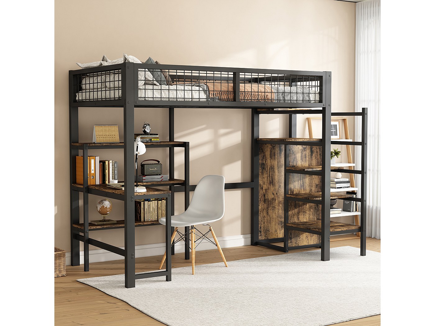 Hoogslaper 90\200 cm, metalen frame, met bureau, planken en ingebouwde ...