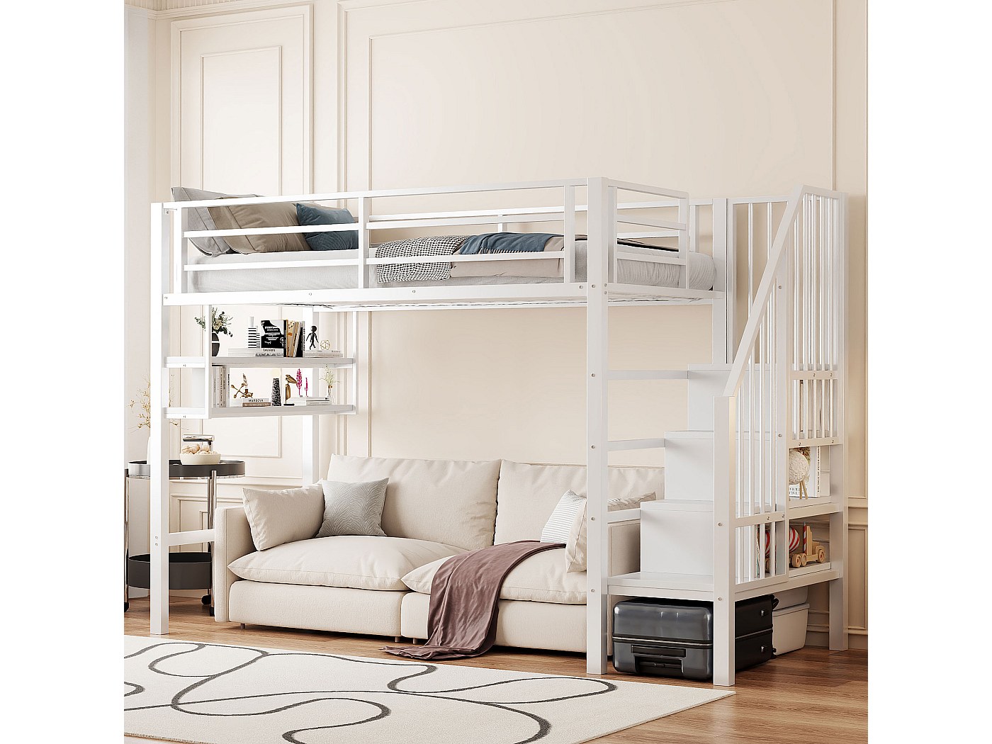 Letto a soppalco 90 x 200 cm, con ripiani, scaletta portaoggetti, spazio libero sotto il letto ...