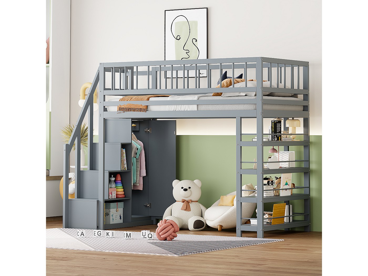 Letto a soppalco sicuro con armadio, ripiani, scale, legno massello ...