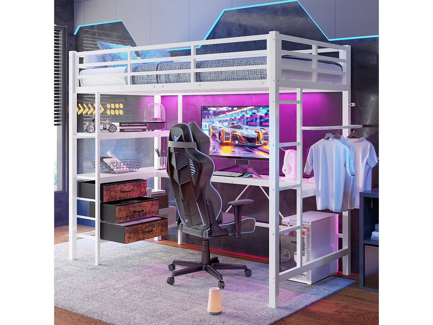 Stapelbed 90x200cm met LED, bureau, USB-aansluitingen, 3 lades, planken ...