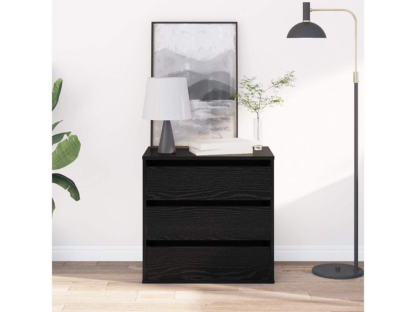 Cómoda esquinera de roble negro de 60 x 41 x 58 cm, madera de ingeniería