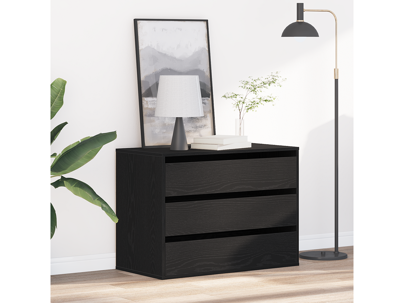 Cómoda esquinera de roble negro de 80 x 41 x 58 cm, madera de ingeniería