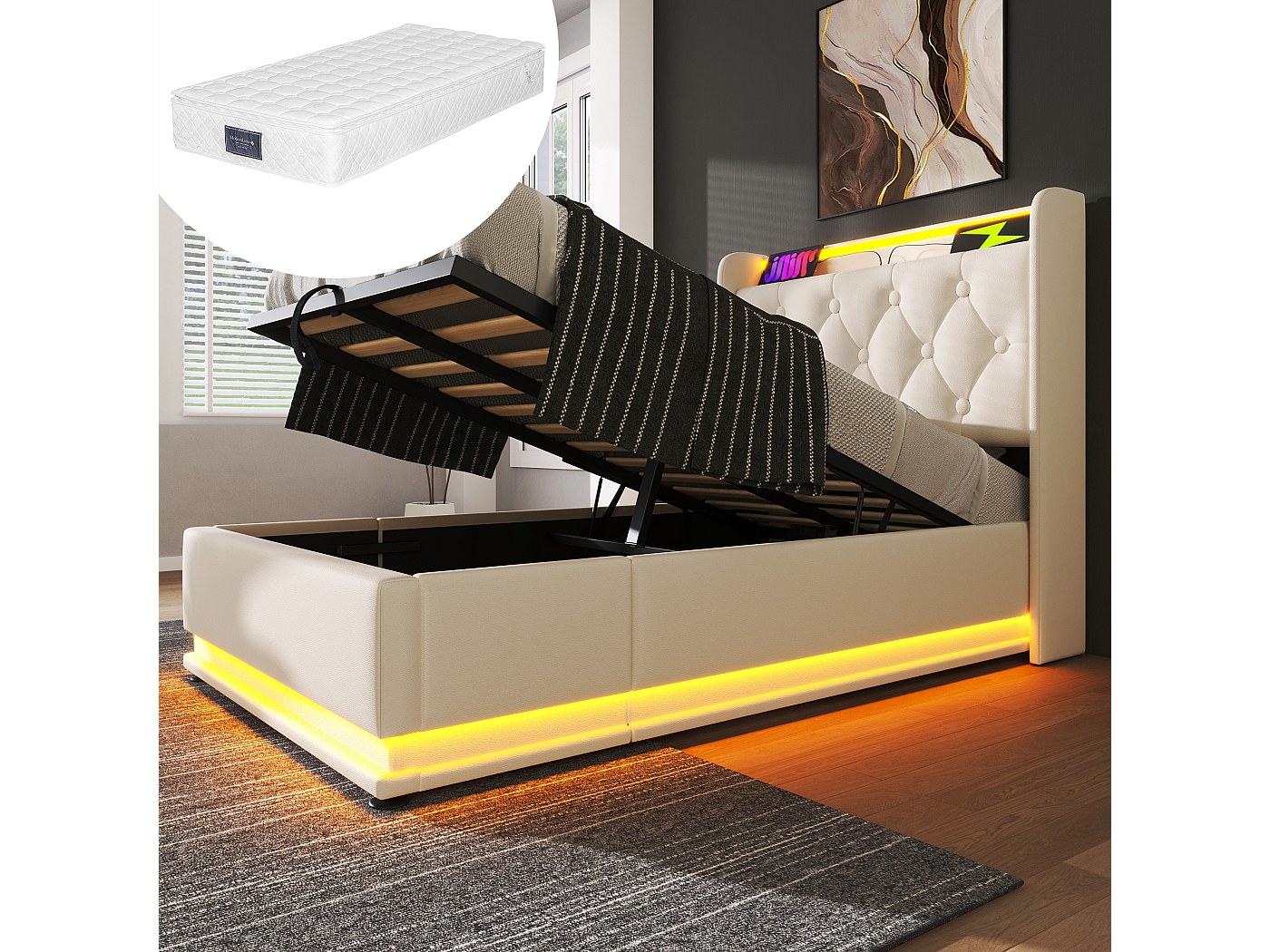 Lit simple avec LED 360° et port de charge USB Type-C, tête de lit en ...
