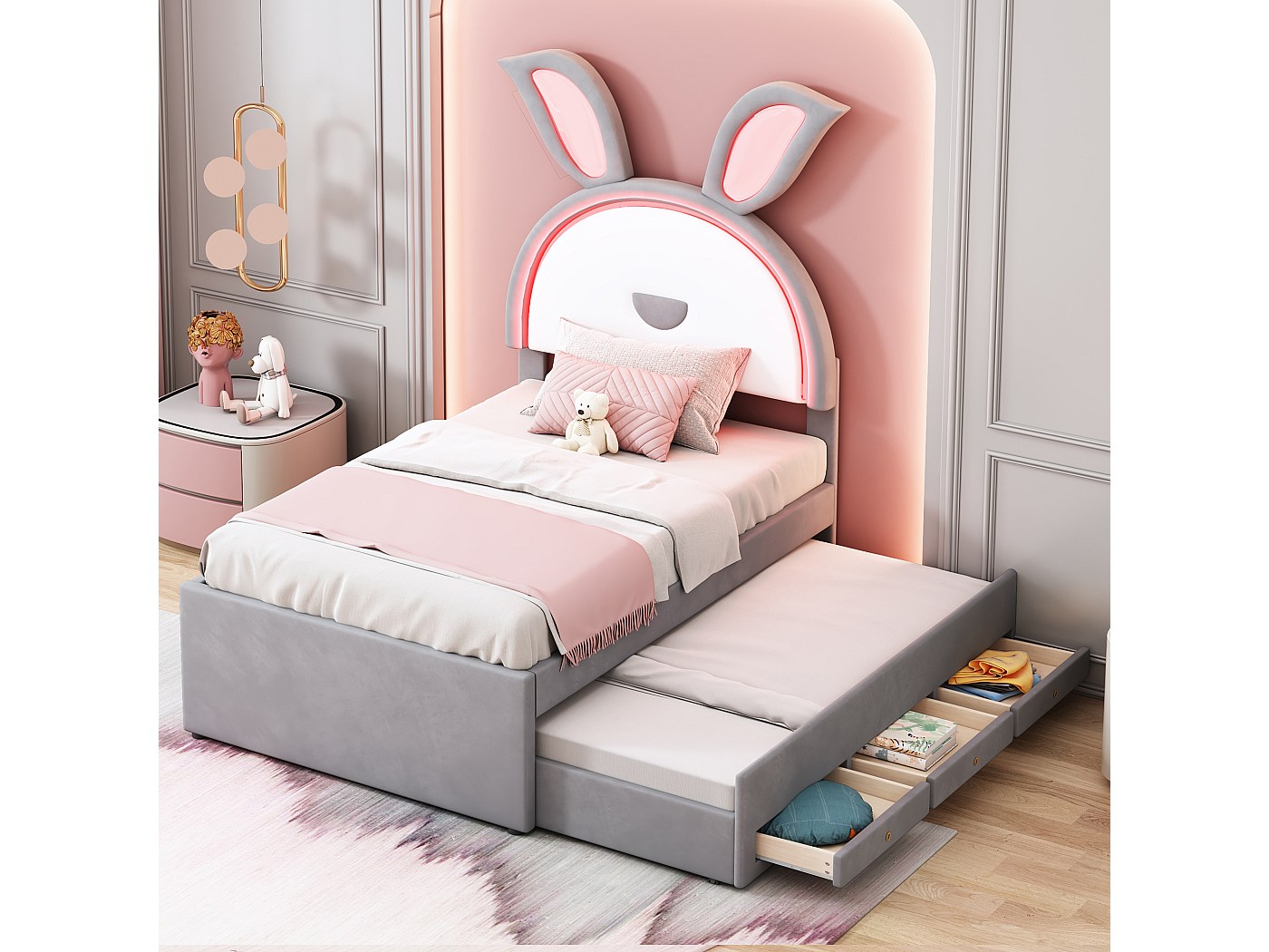 Cama infantil multifuncional de terciopelo con cajón, cama nido y LED ...