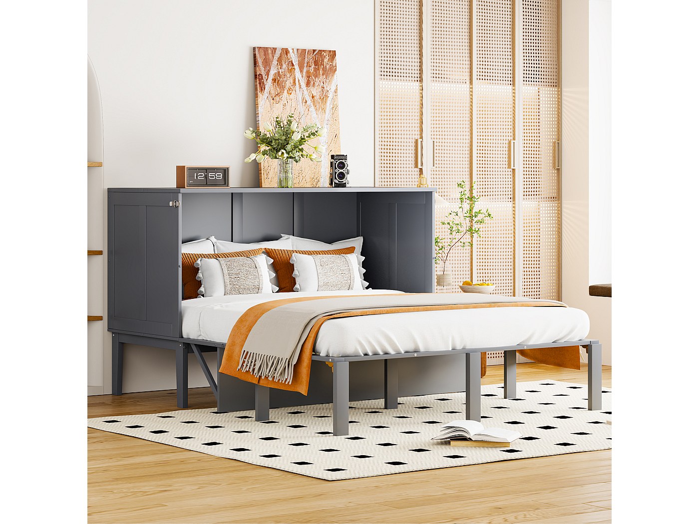 Cama plegable vertical de 140 x 200 cm con somier de láminas, armario ...