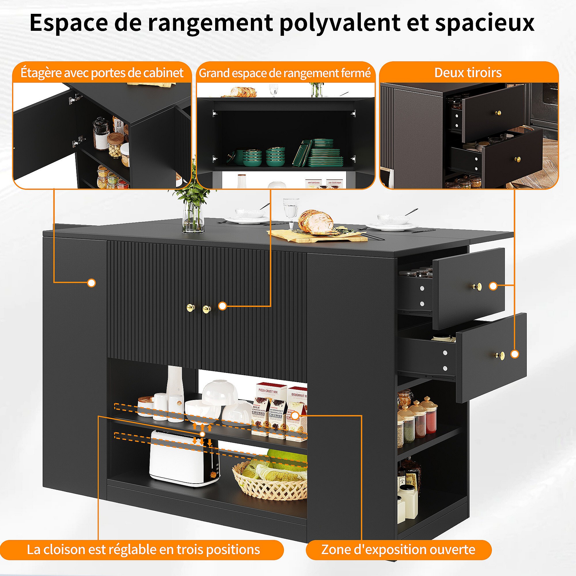 URBAN MEUBLE Îlot de cuisine noir motif ondulé extensible avec plateau ...