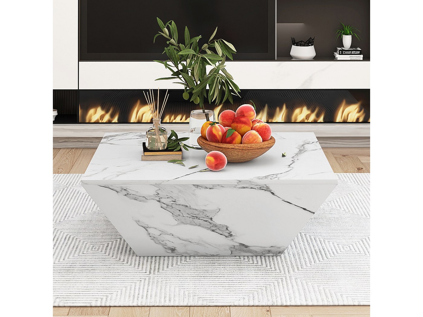 Table basse moderne trapézoïdale, plateau en placage marbre blanc, MDF ...