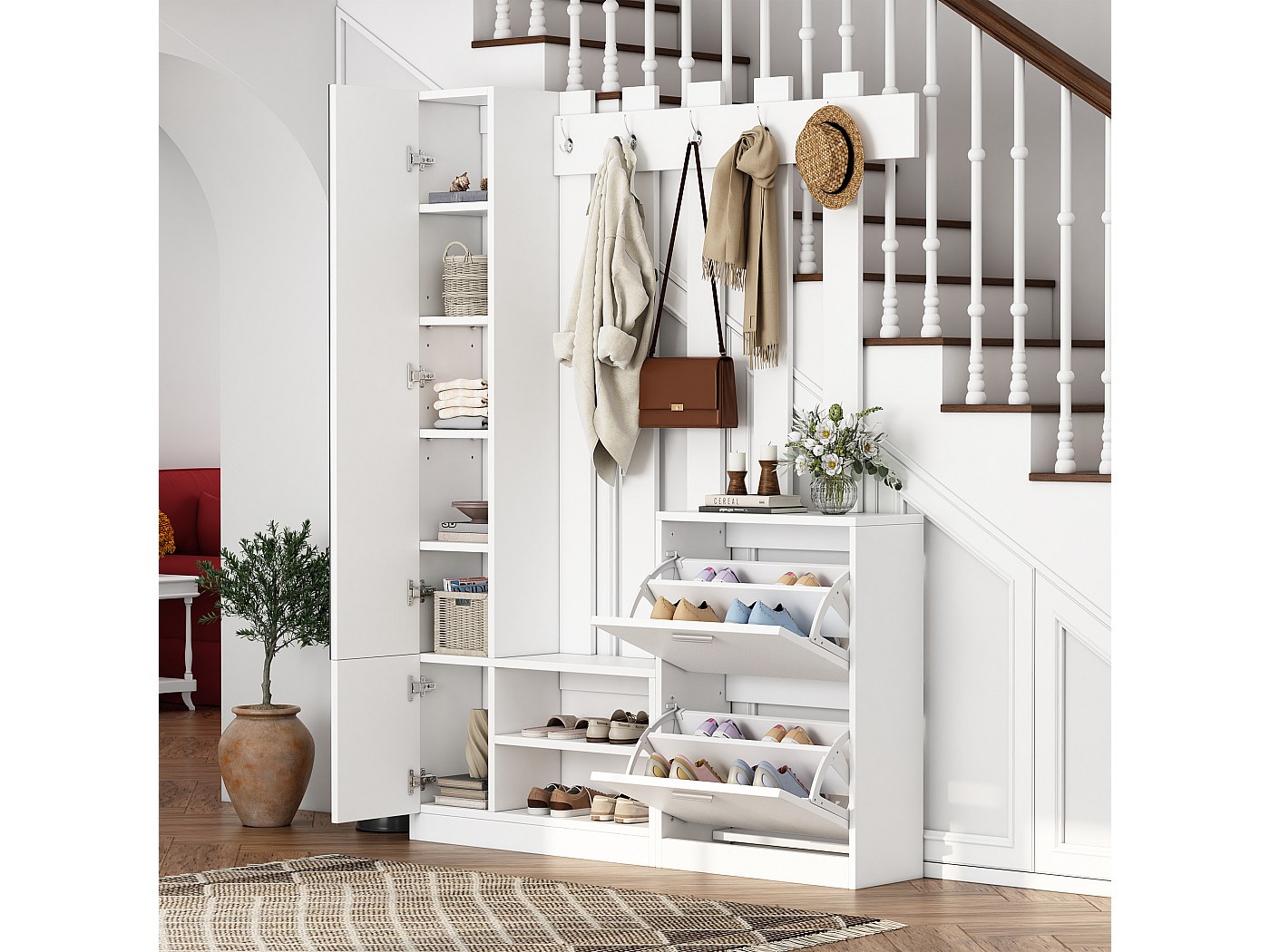 Garde-robe d'entrée multifonction avec miroir et rangements intégrés ...