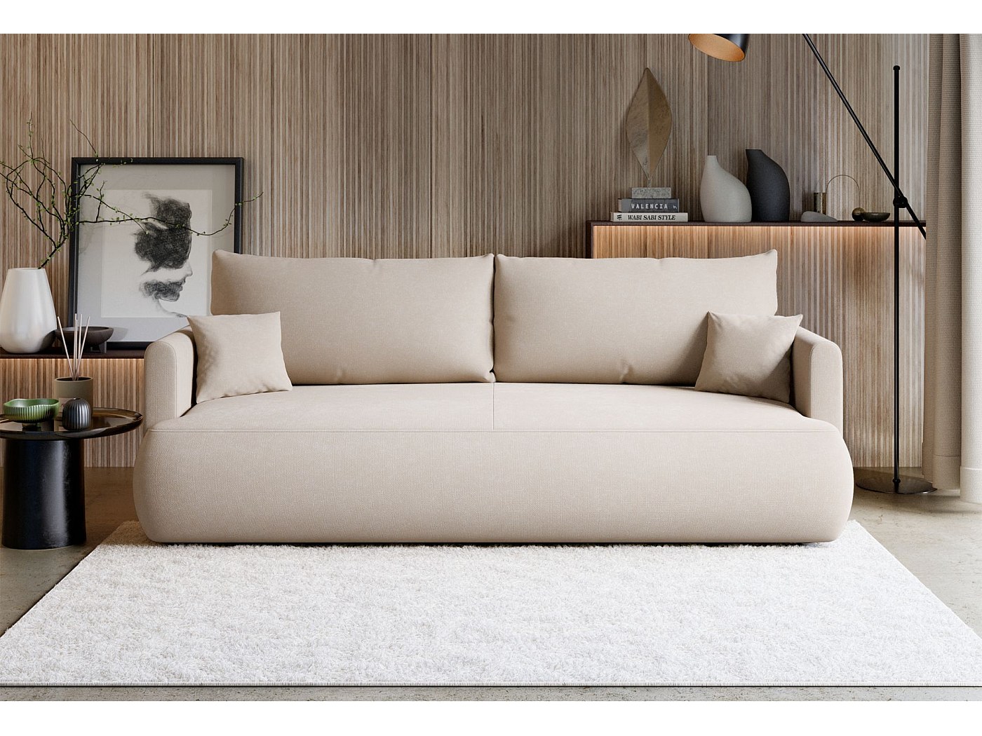 Canapé convertible 3 places – chenille Easy-Clean – crème – OVO MINI