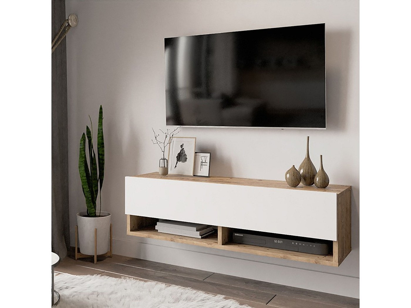 Mueble TV Moderno con 1 Puerta y Estantes en Melamina Color Cambria y ...