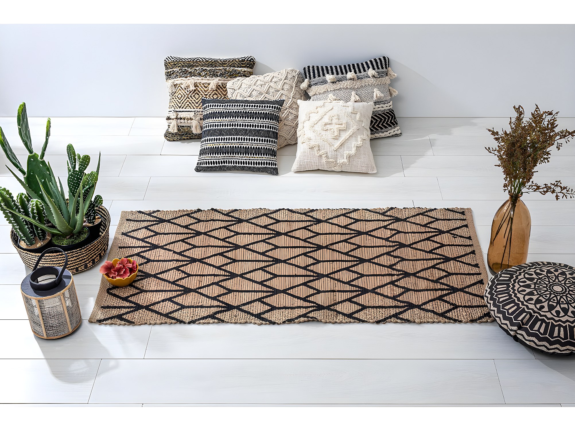 Tapis décoratif en Jute Imprimé motif géométrique noir 70 x 140 cm