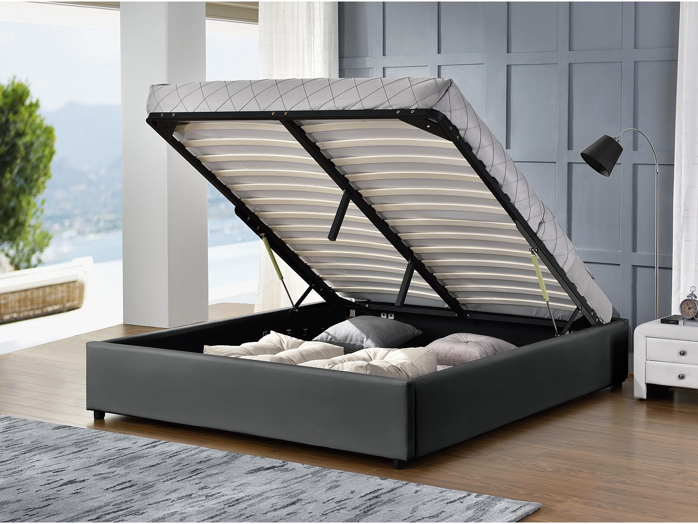 Lit Podium Coffre Gris Coffre 160x200 cm
