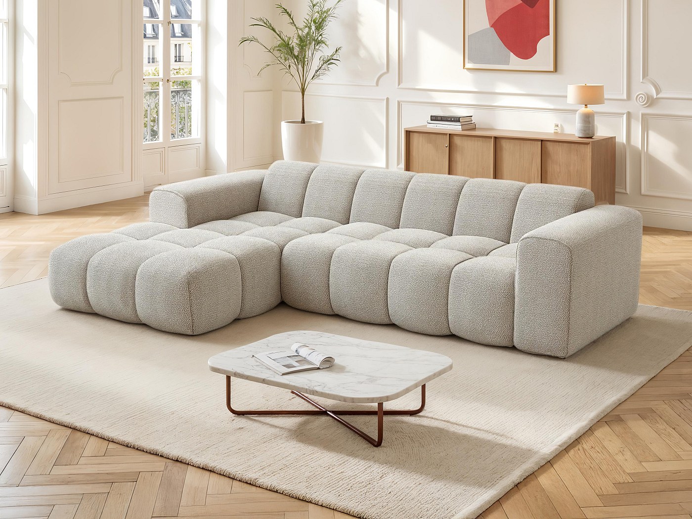 Canapé d'angle gauche en tissu chenille beige CALESO de Maison Céphy