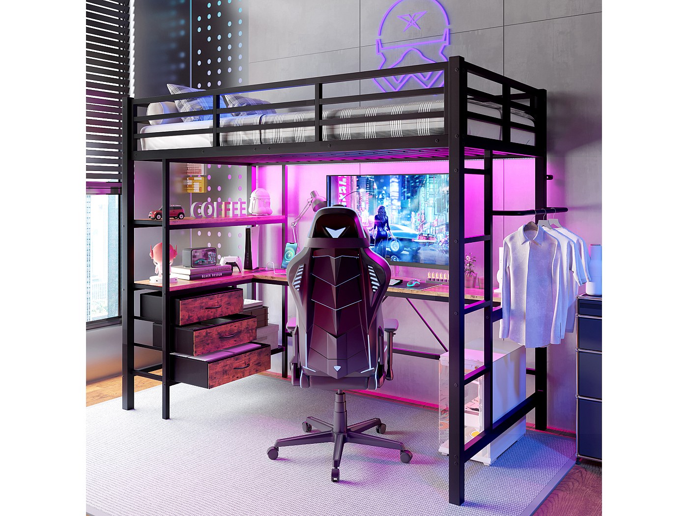 Lit mezzanine 90x200 cm, noir, Lit ado avec bureau, 3 tiroirs, LED et ...