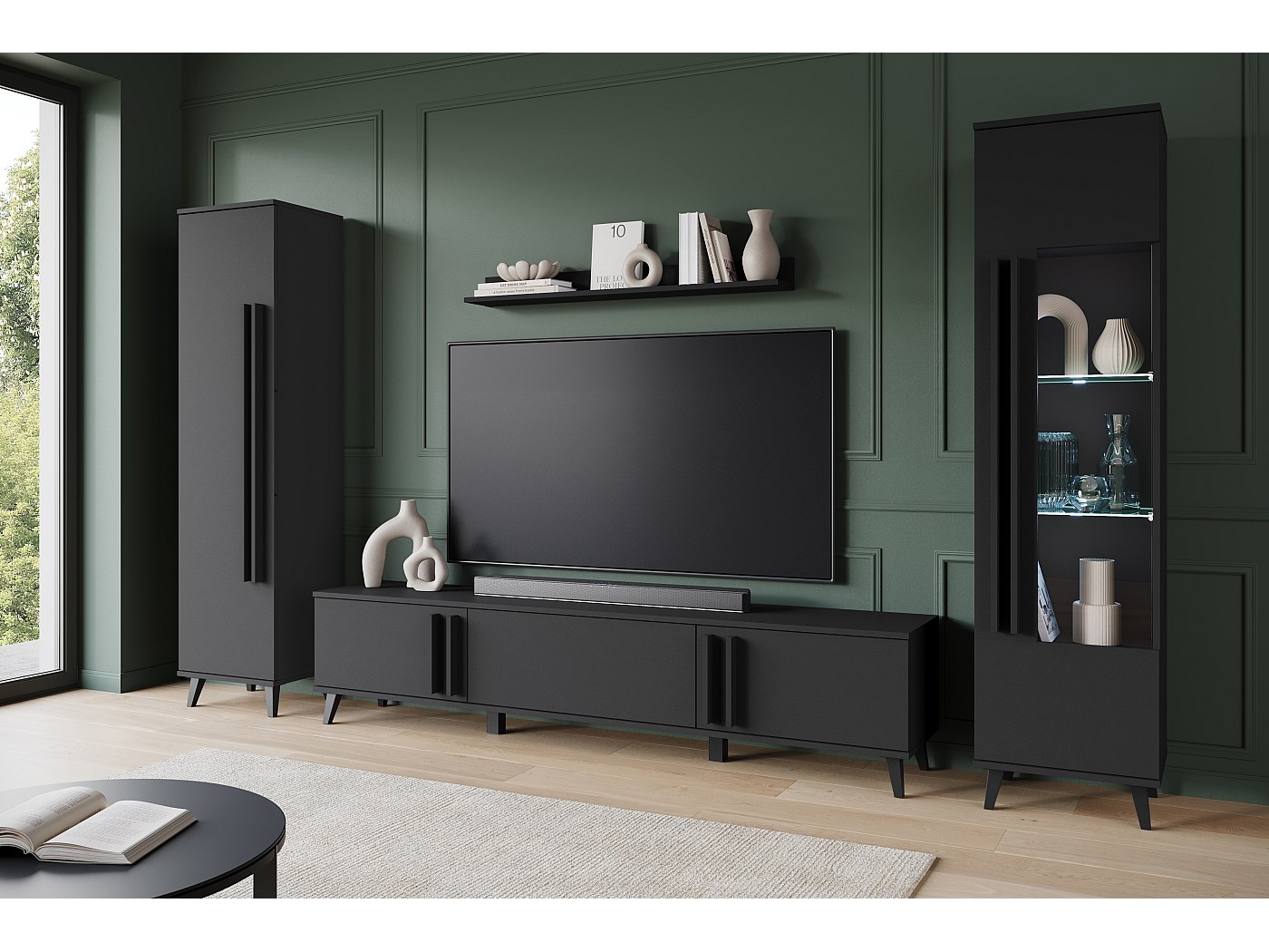 Mueble de salón estilo loft 180 cm negro mate con vitrina, estantería y ...