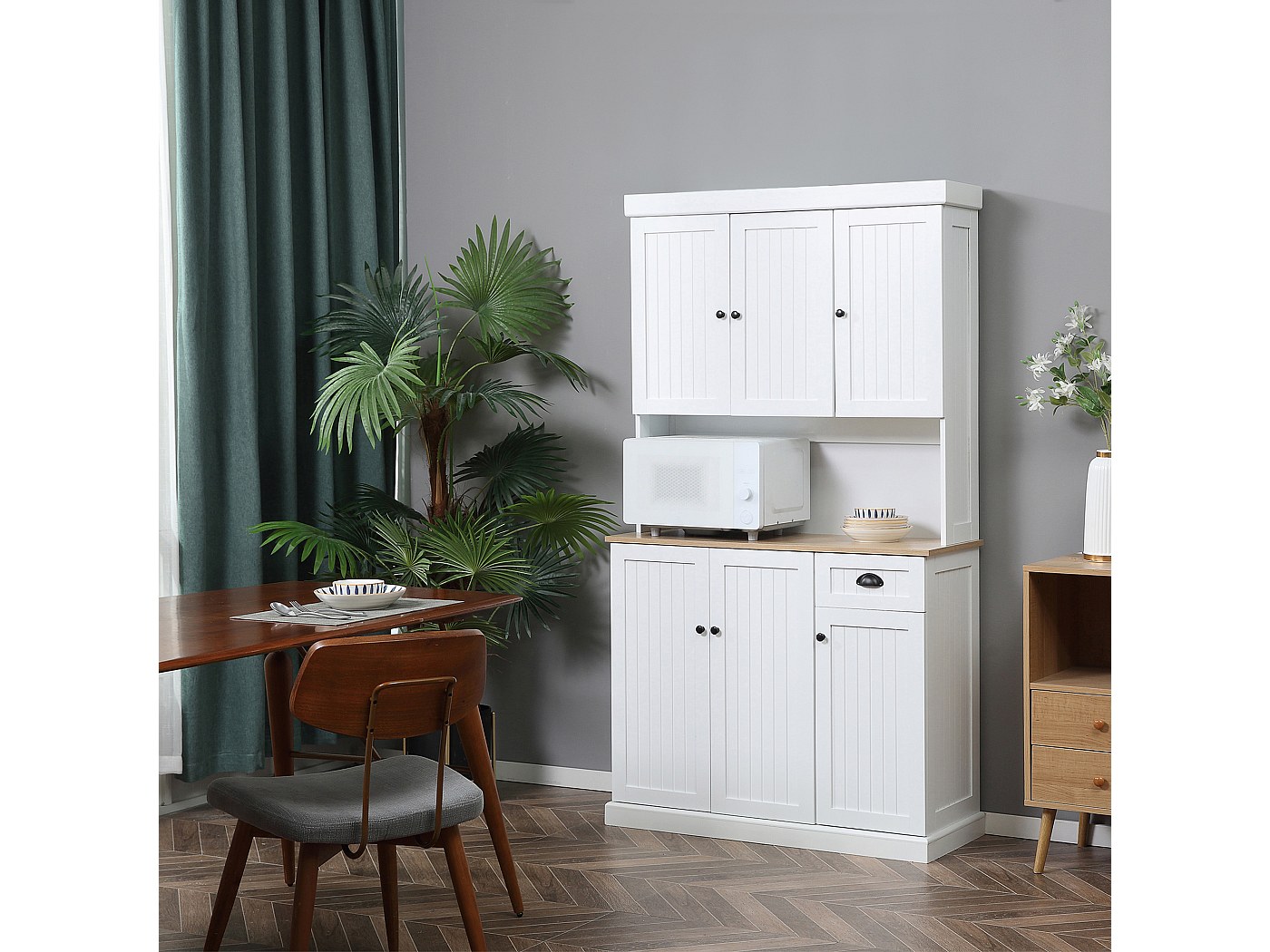 Mobile dispensa cucina con armadietti e cassetto in legno bianco