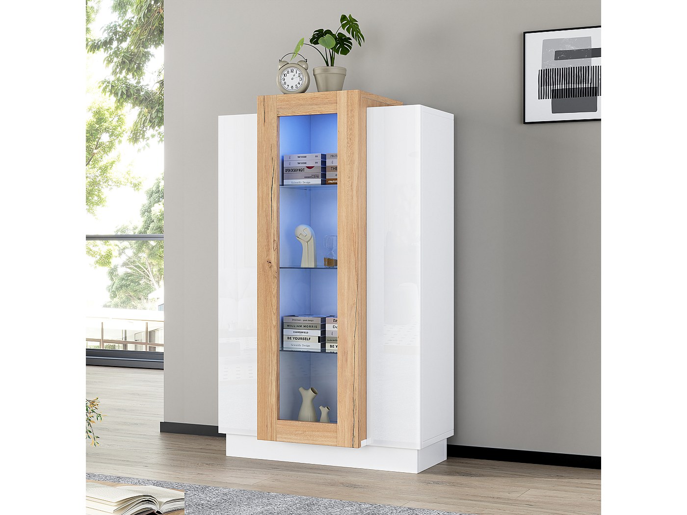 Vitrina con LED, 3 puertas, estantes regulables, blanca y madera ...