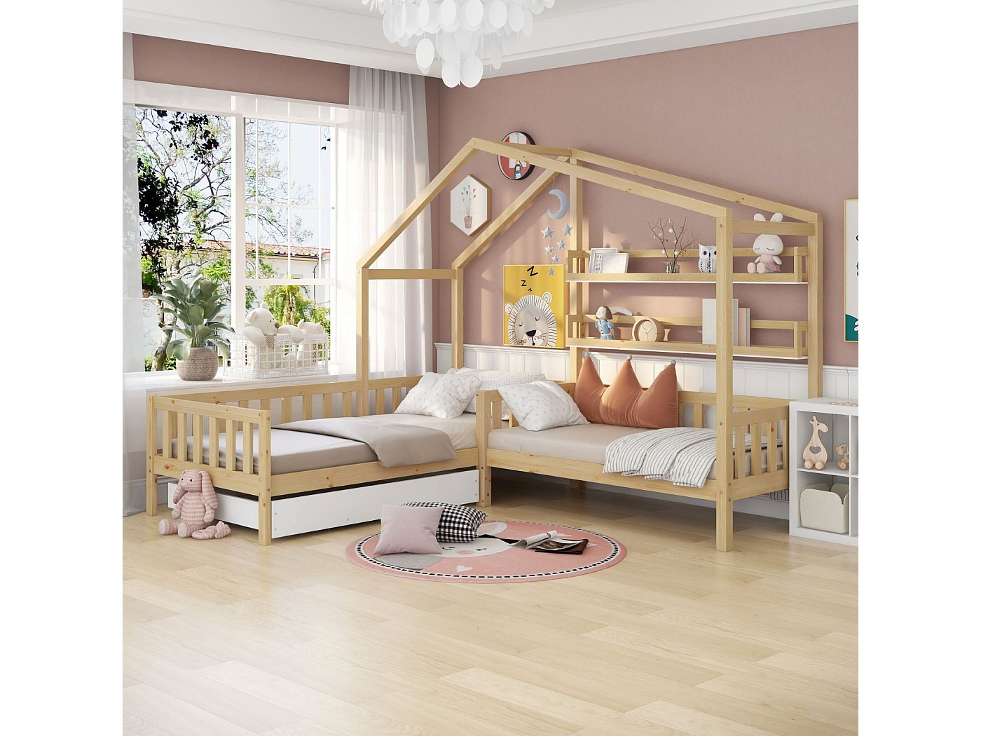 Lit enfant style maison avec tiroirs et étagères, en bois massif avec barrière et sommier à ...