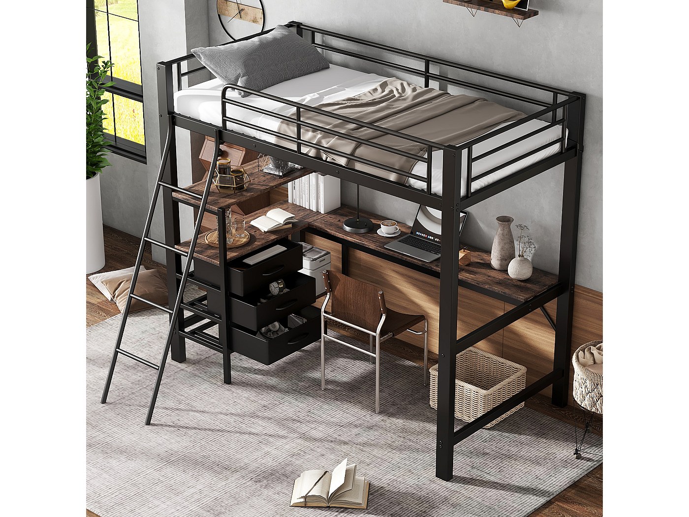 Lit superposé en fer, enfants/adolescents, 3 tiroirs, table de 2 m ...