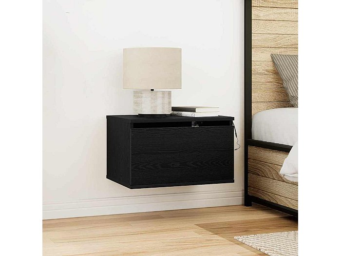 Meuble de chevet avec LED monté au mur en chêne noir 50x36x30 cm