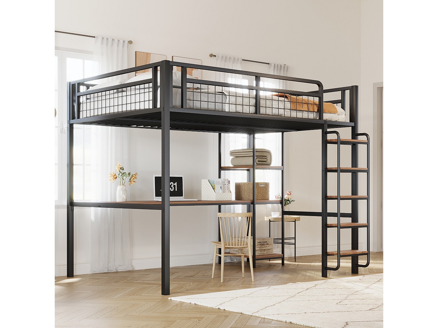 Lit mezzanine métallique avec échelle sécurisée, table et étagère, noir ...
