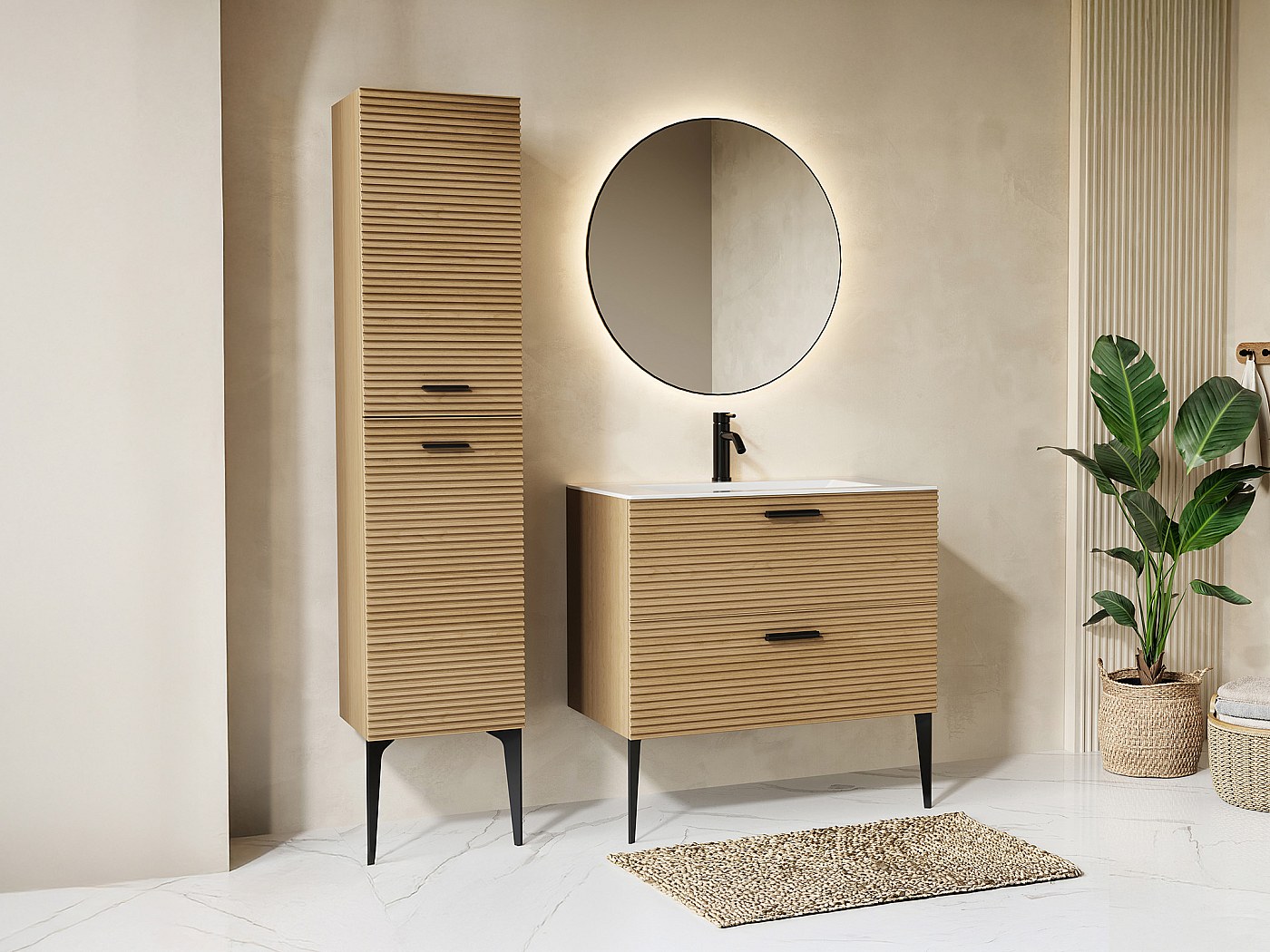 Meuble simple vasque sur pieds avec colonne - 2 tiroirs - Naturel clair ...